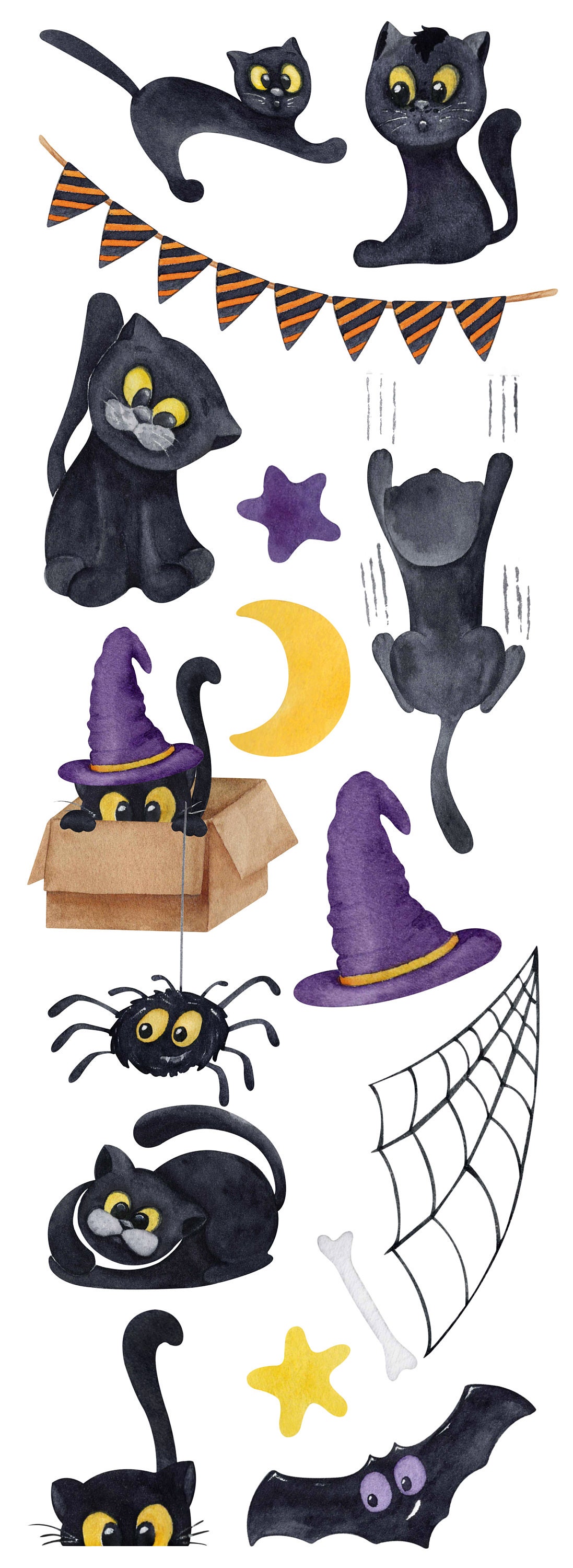 Watercolor Halloween Cat Clipart Set Cute Halloween Black Cats Hand ...