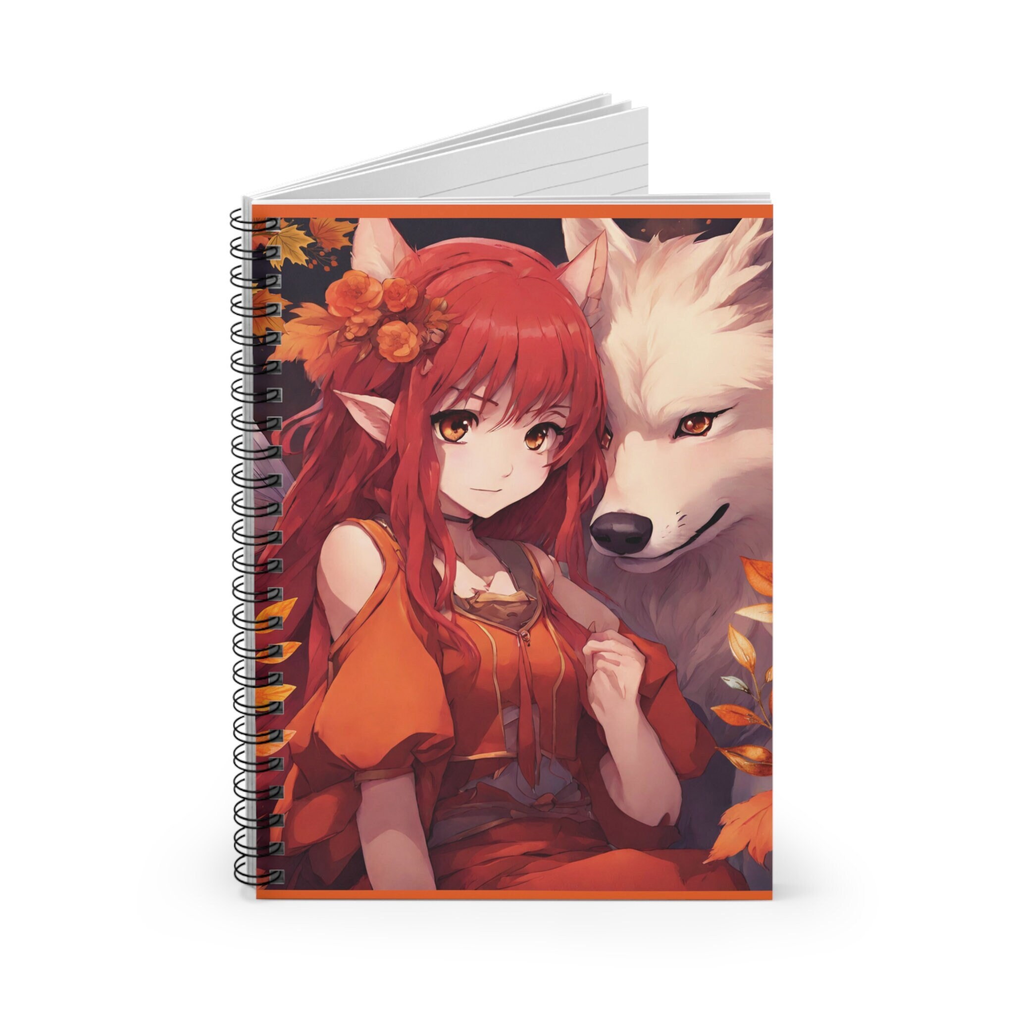 Anime Girl With Wolf Sidekick Spiral Notebook - Ruled Line, Anime Art ...