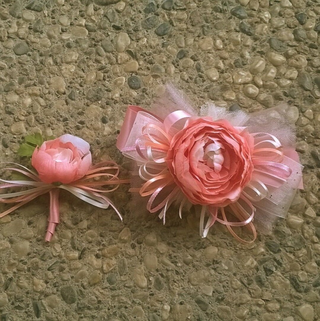 Coral and Cream Artificial Ranunculus Wrist Corsage and Boutonniere Set ...