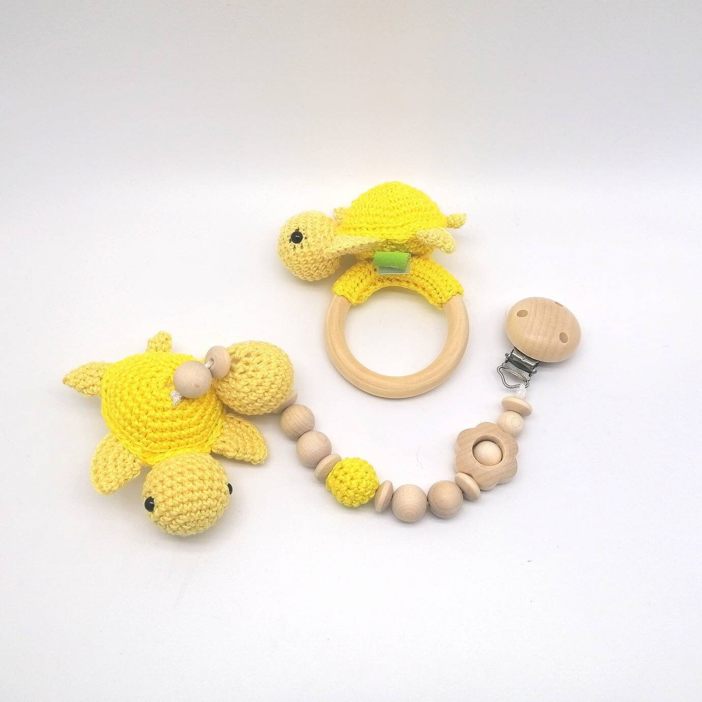Turtle rattle pendant set crocheted yellow 100% cotton | Etsy