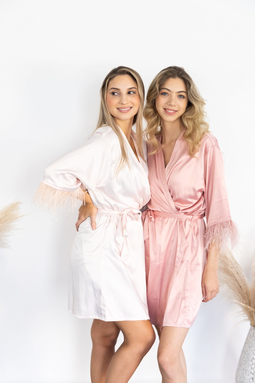 Blush Feather Trim Robes, Robe With Feather, Feather Bridal Robe, Satin ...