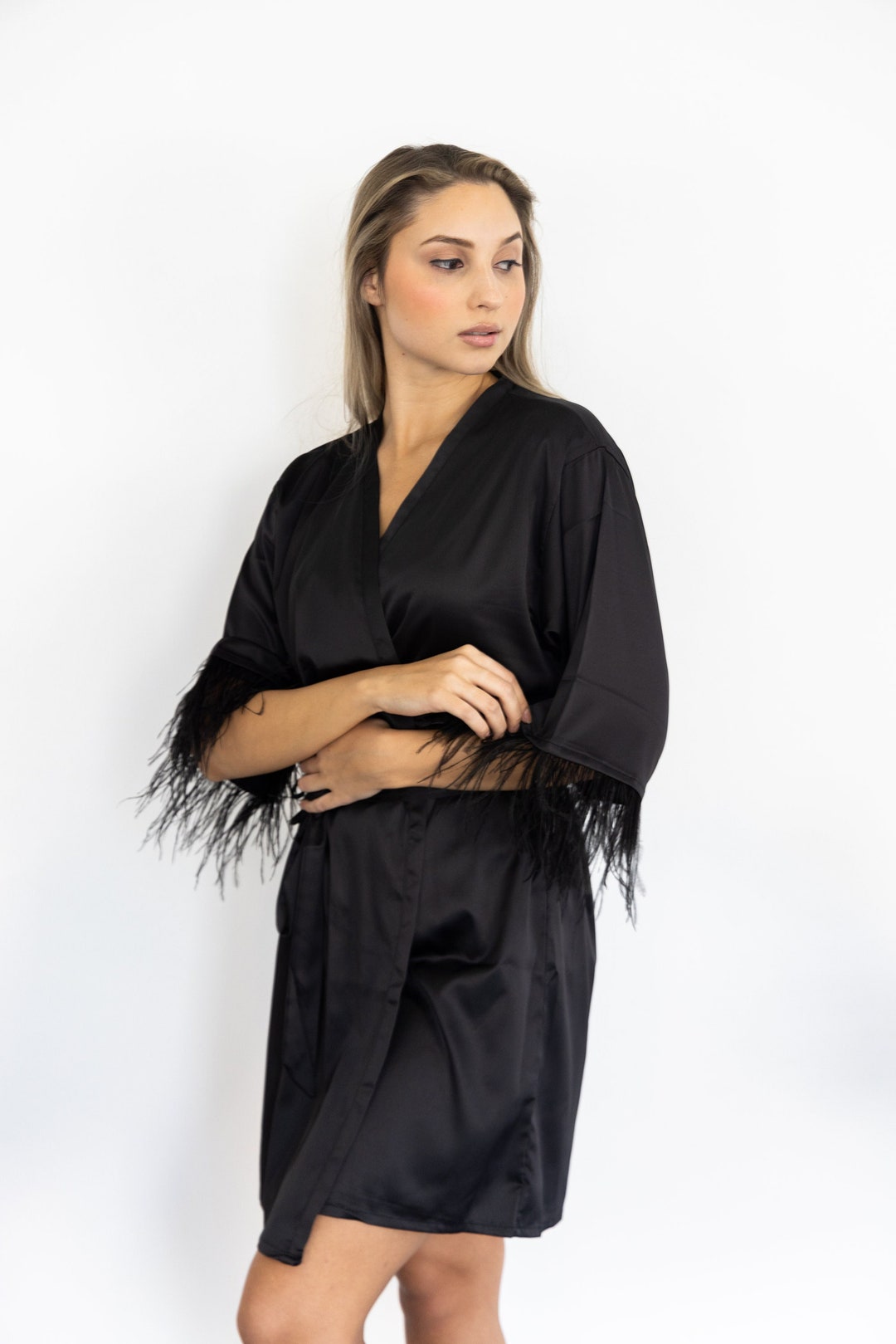 Black Feather Trim Robes, Robe With Feather, Feather Bridal Robe, Satin ...