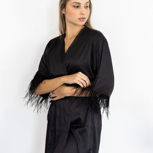 Bride Feather Trim Robes, Robe With Feather, Feather Bridal Robe, Satin ...