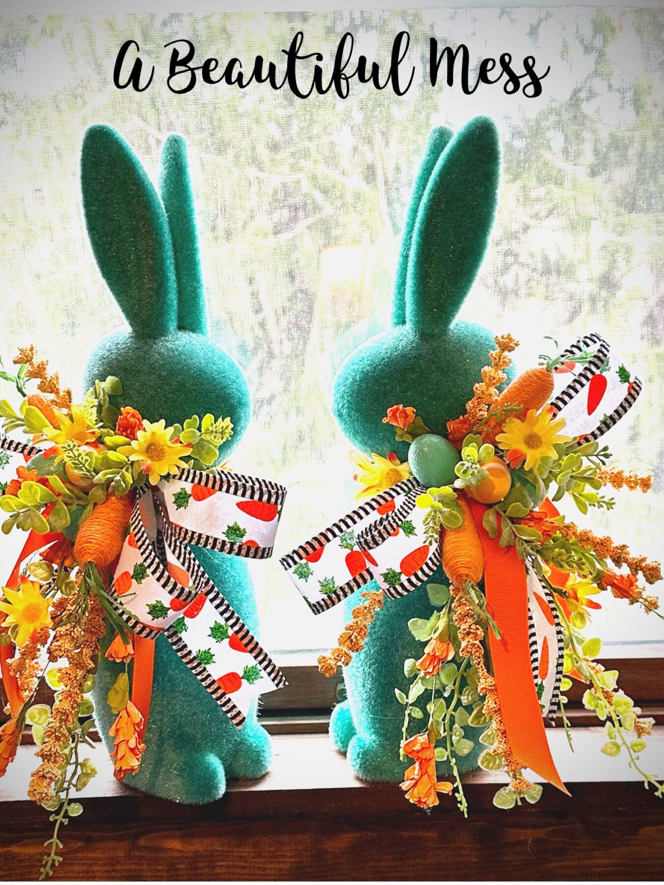 PAIR Teal Flocked Bunny, Button Nosed Bunny , Spring Decorations ...
