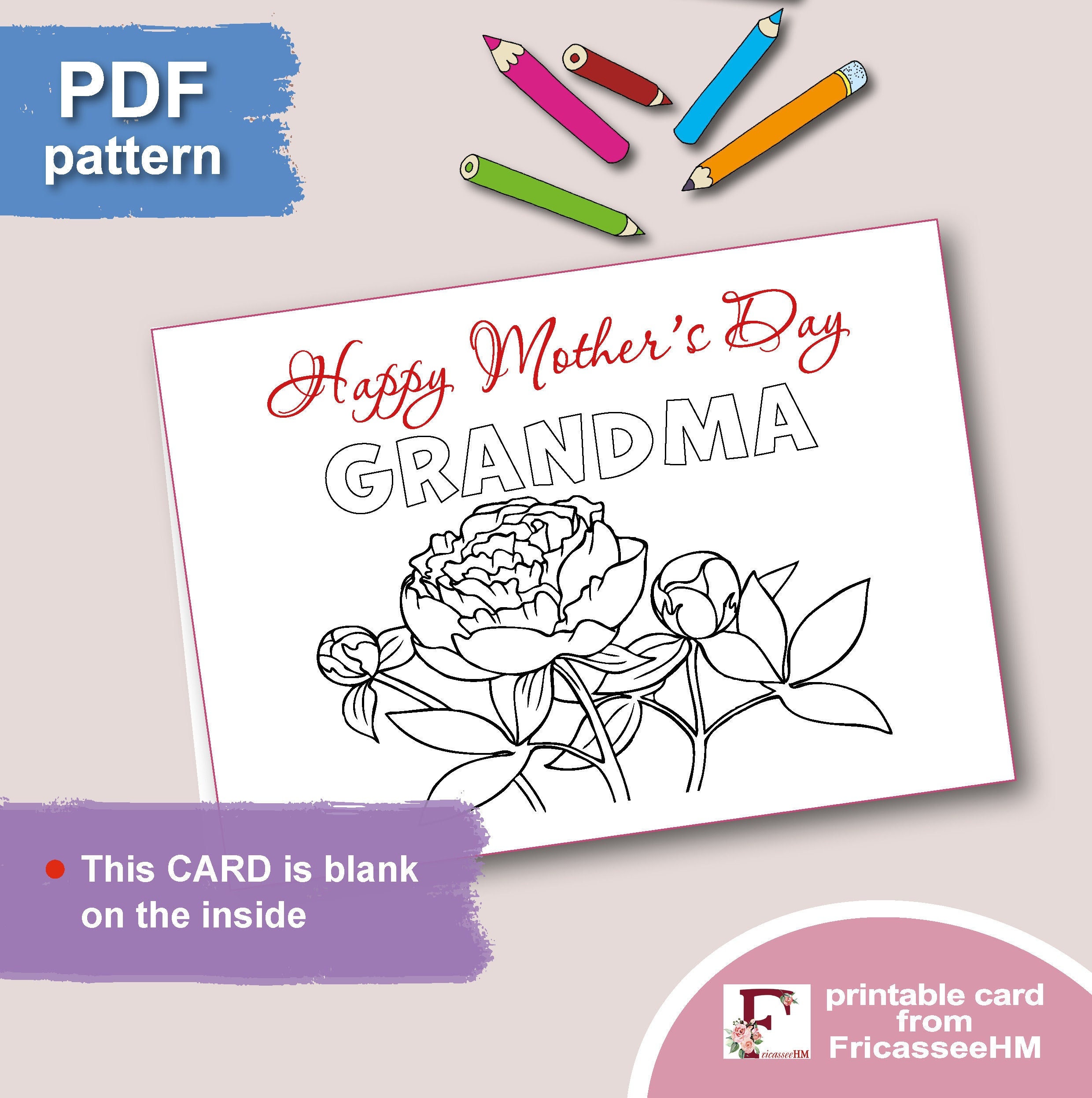 Printable Coloring Cards for Grandma. Set of 5 Happy Mother's Day Cards ...