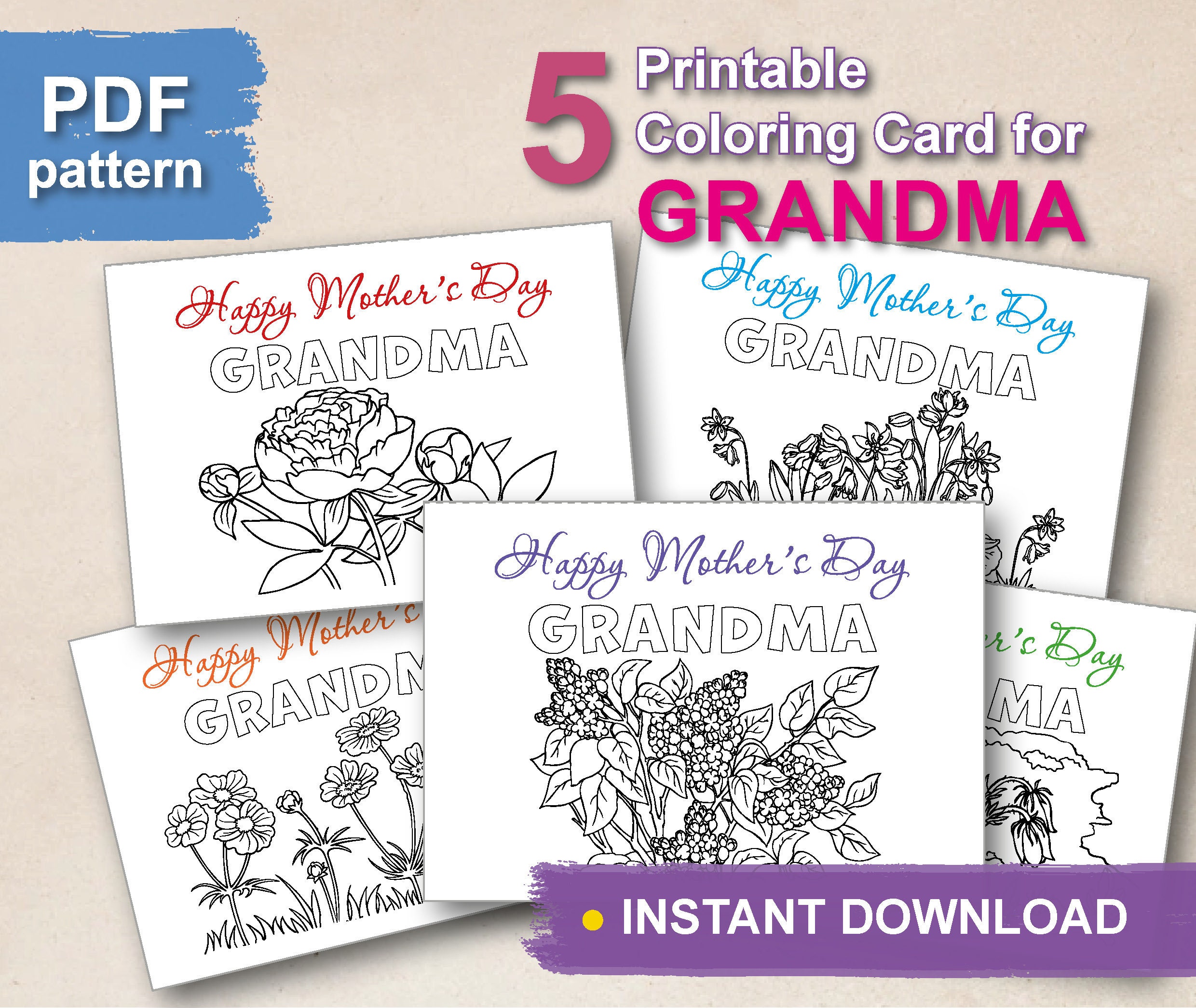 Printable Coloring Cards for Grandma. Set of 5 Happy Mother's Day Cards ...