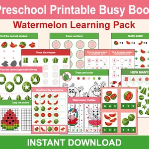 Watermelon Preschool Printable Busy Book, Toddler Learning Pack ...