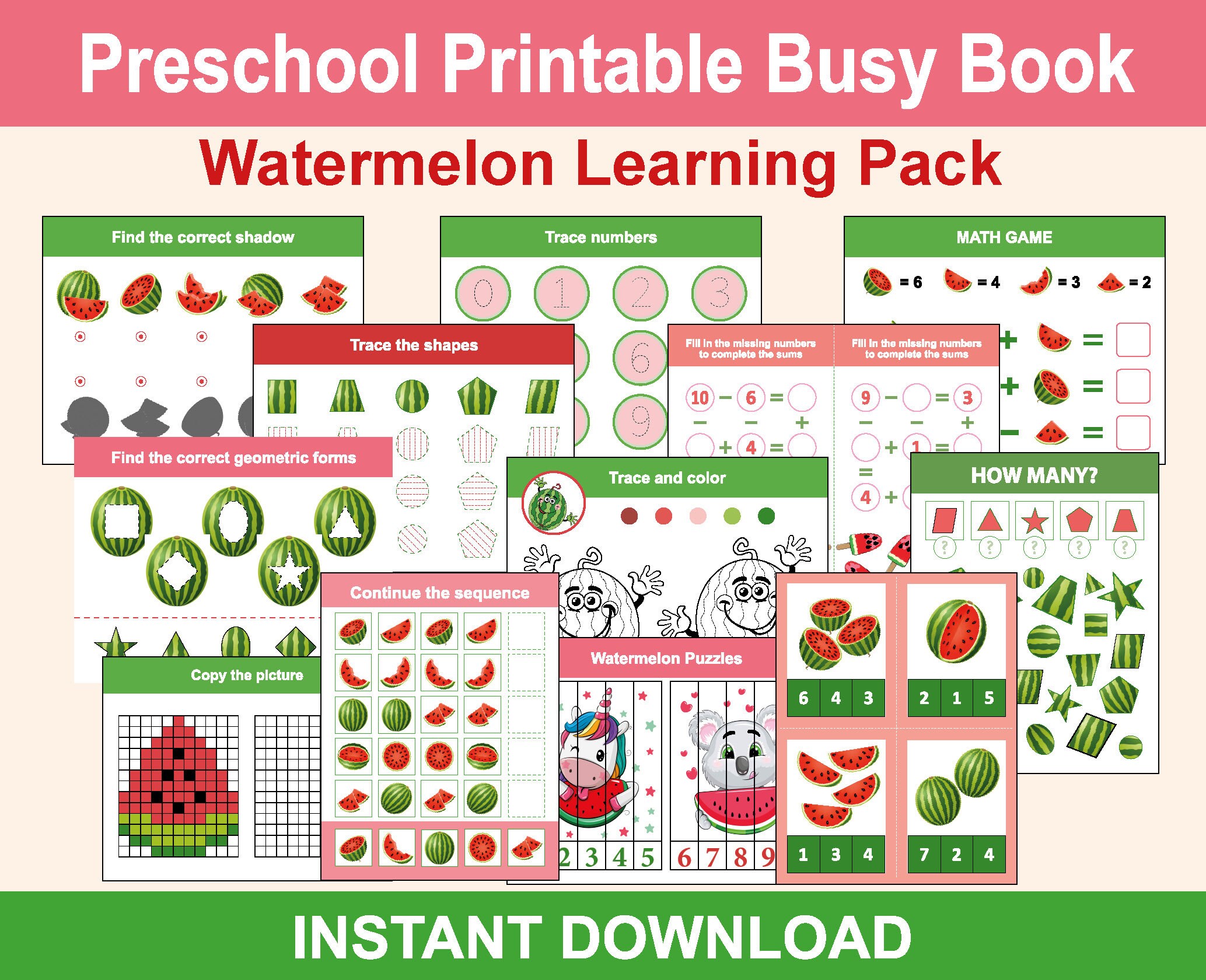 Watermelon Preschool Printable Busy Book, Toddler Learning Pack ...