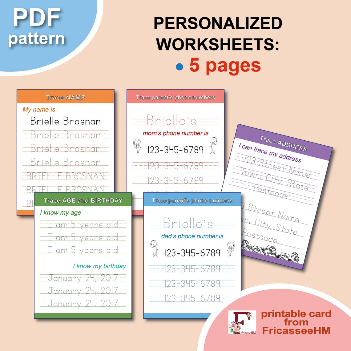 Personalized Handwriting Practice. Name, Age, Address, Phone Numbers ...