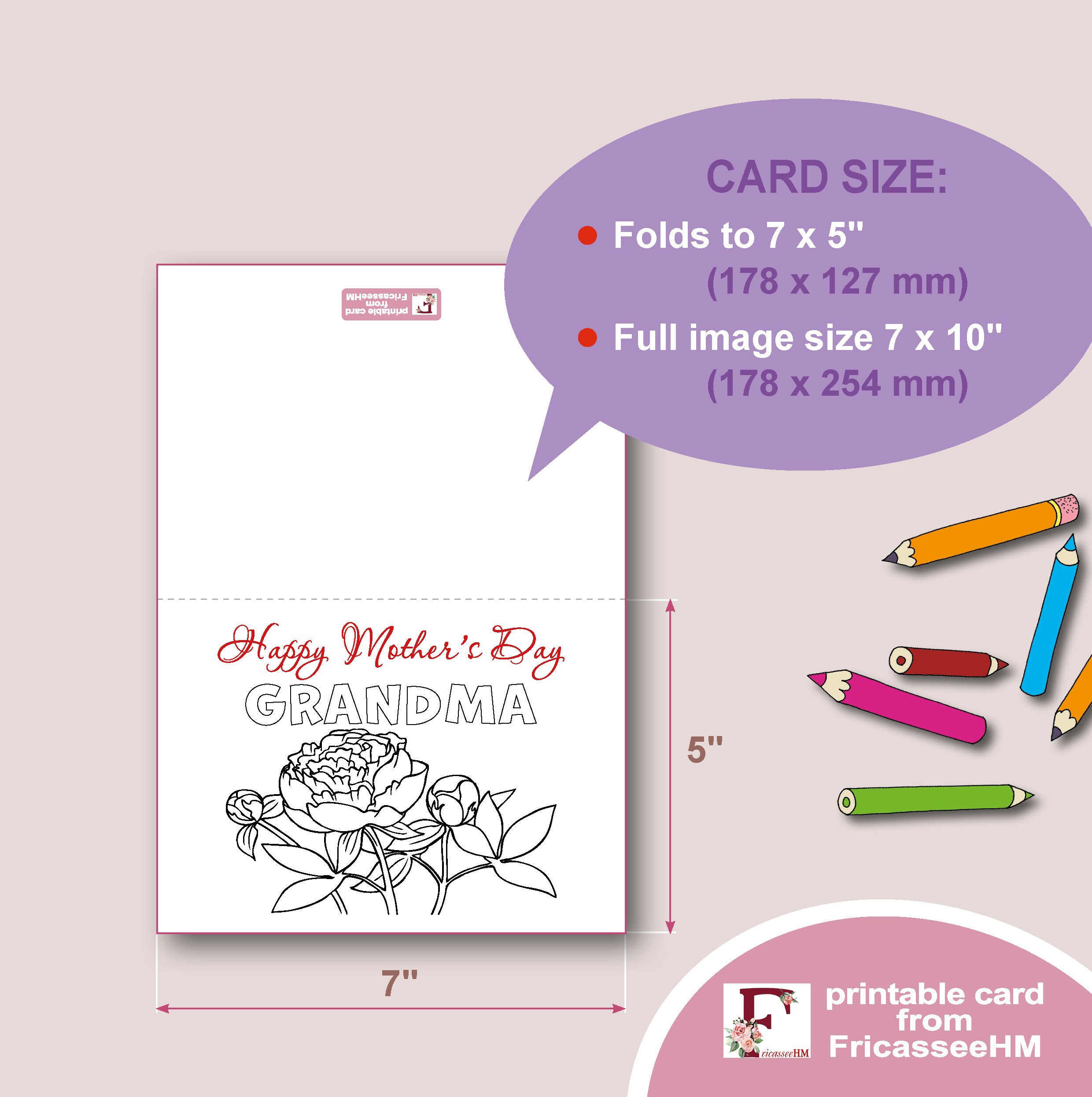 Printable Coloring Cards for Grandma. Set of 5 Happy Mother's Day Cards ...