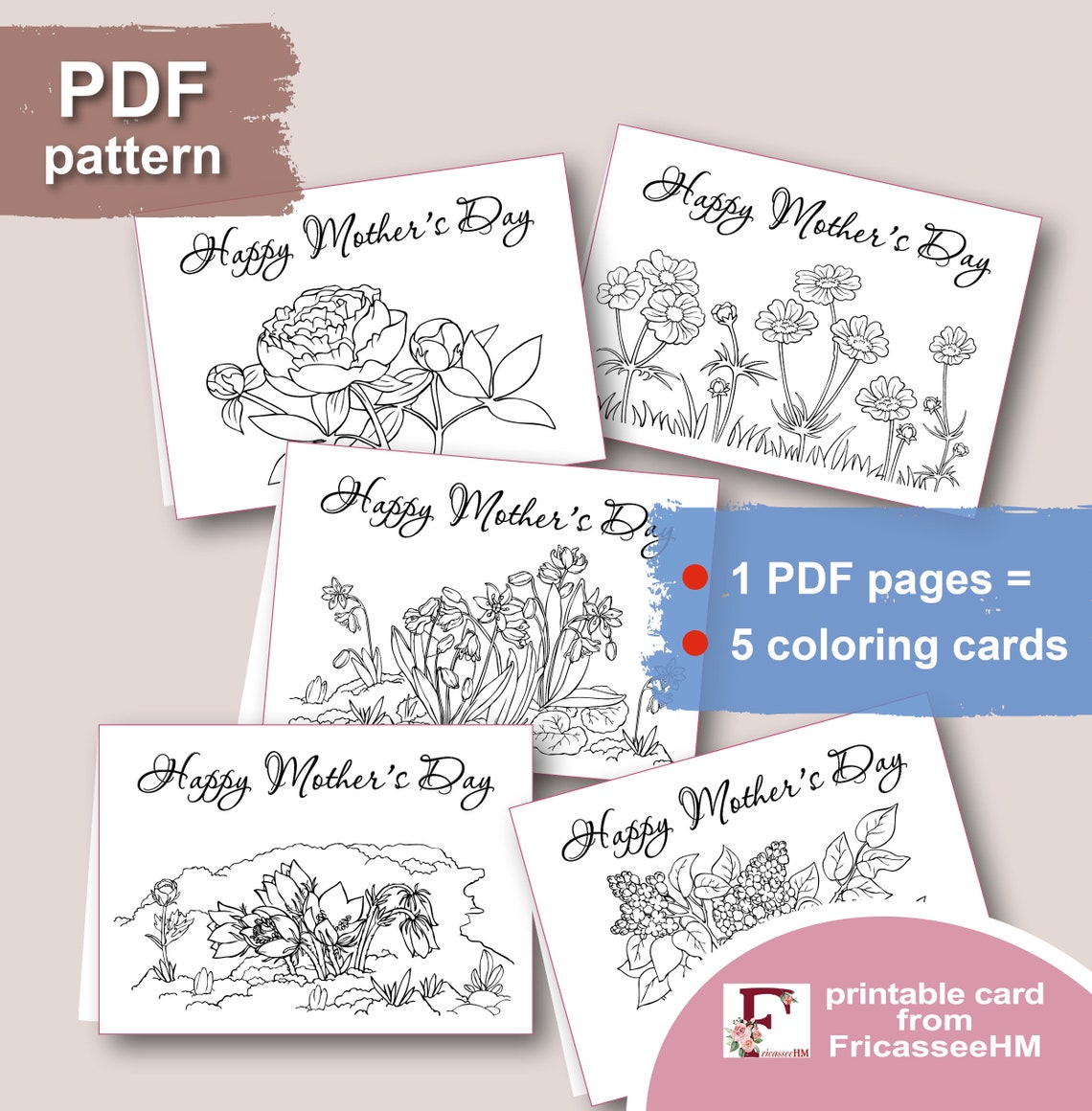 Printable Coloring DIY Floral Cards for Kids. Set of 5 Happy - Etsy