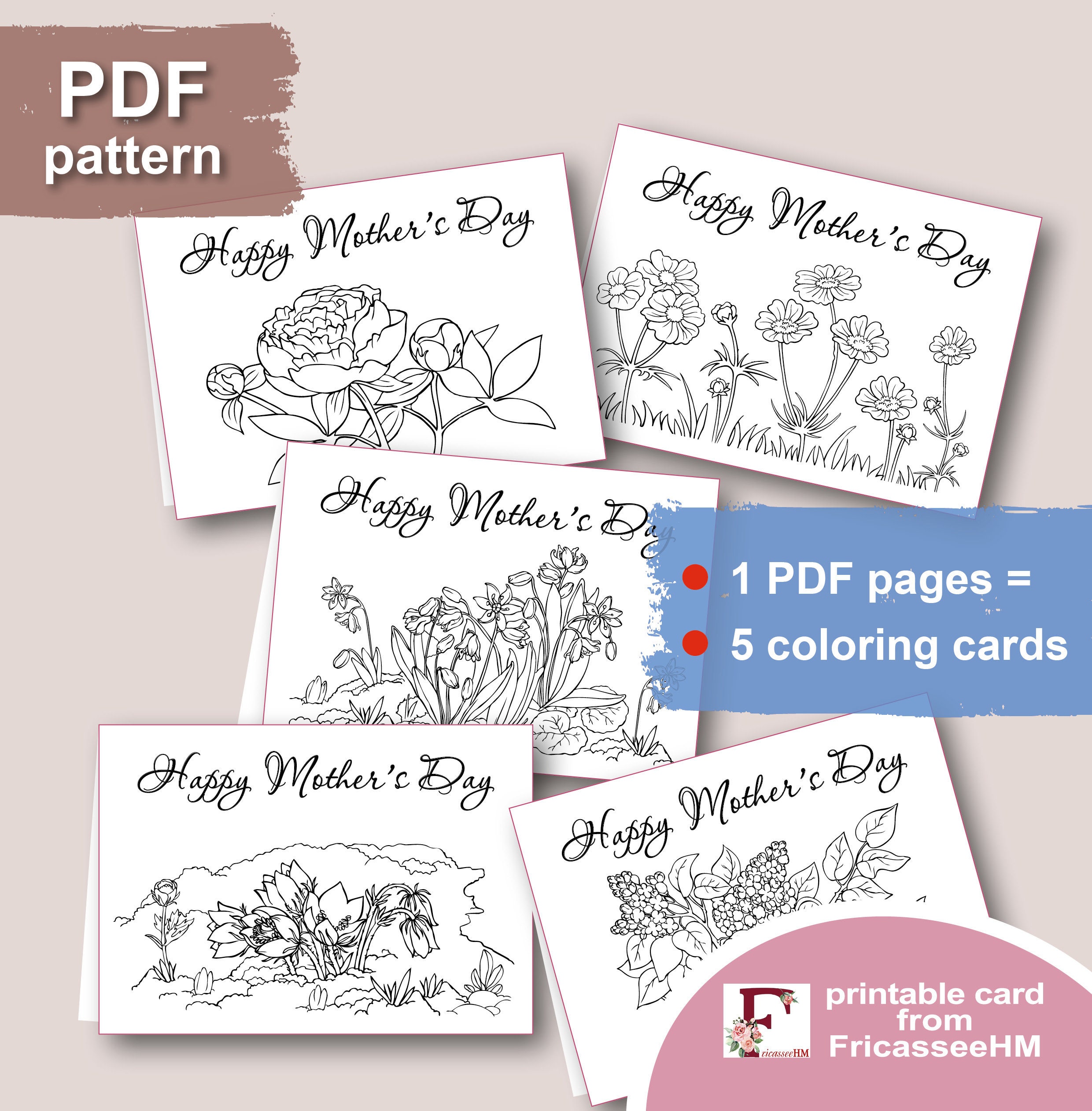 Printable Coloring DIY Floral Cards for Kids. Set of 5 Happy Mother's ...
