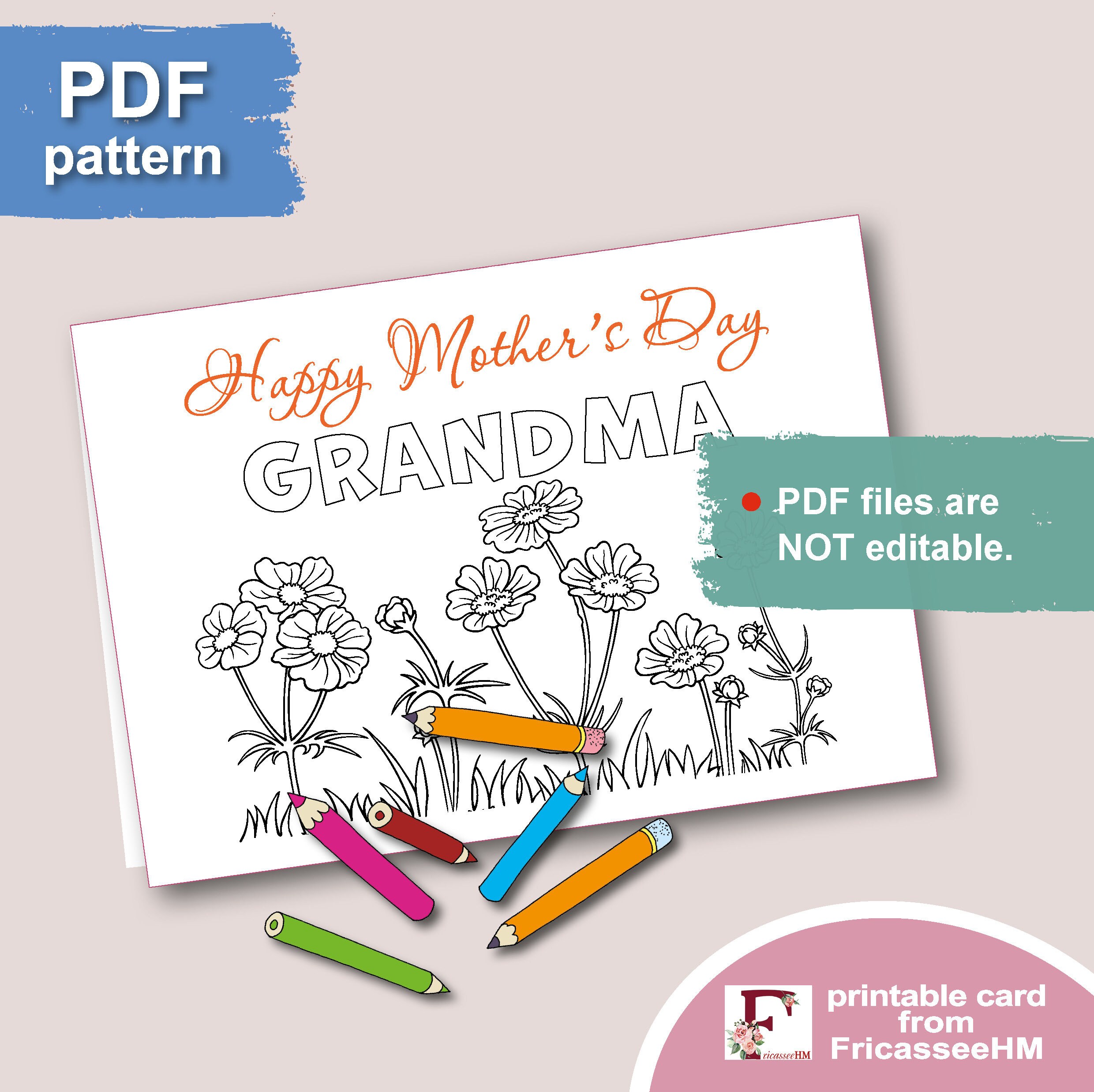 Printable Coloring Cards for Grandma. Set of 5 Happy Mother's Day Cards ...