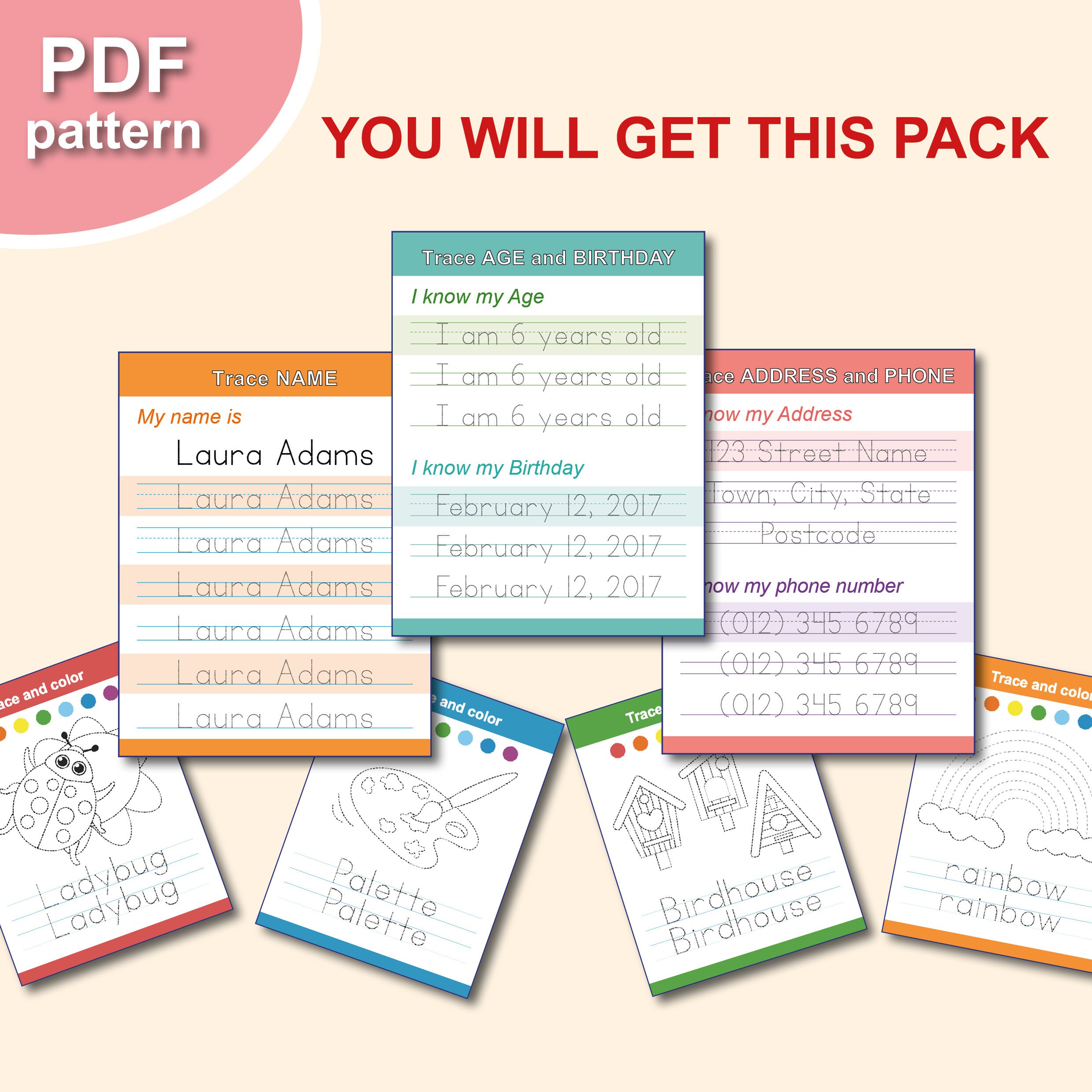 Printable Handwriting Practice Name, Age, Address, Phone Number ...