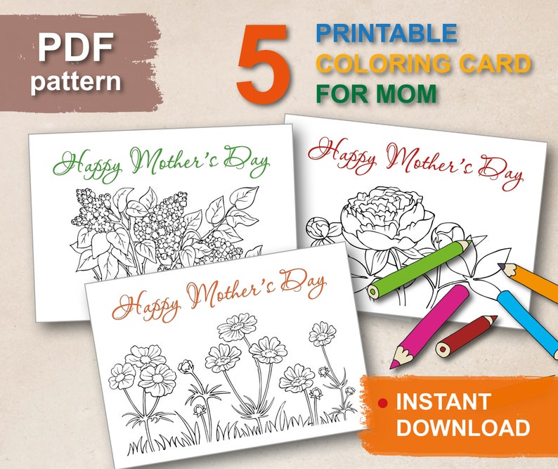 Printable Coloring DIY Floral Cards for Kids. Set of 5 Happy Mother's ...