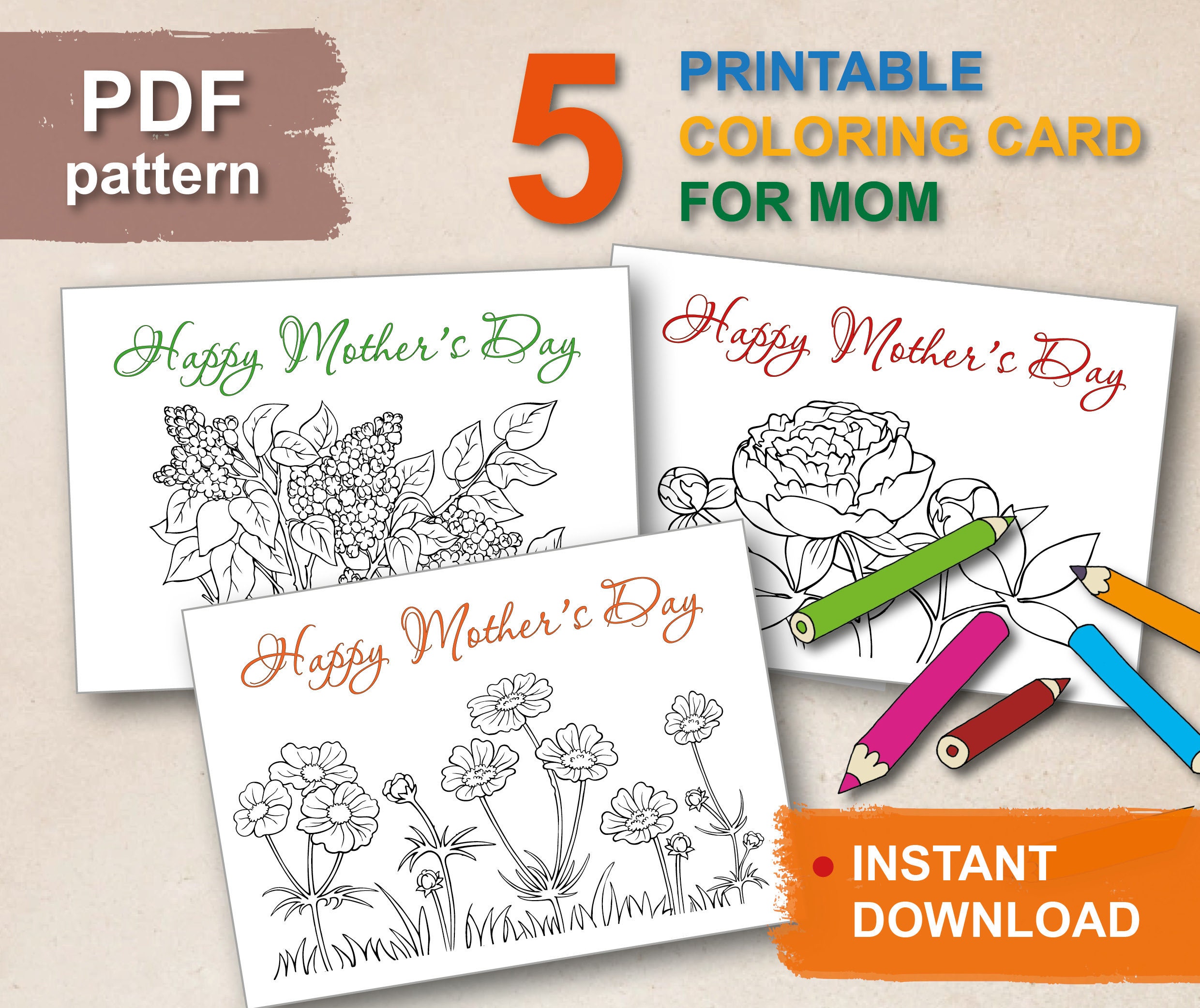 Printable Coloring DIY Floral Cards for Kids. Set of 5 Happy Mother's ...