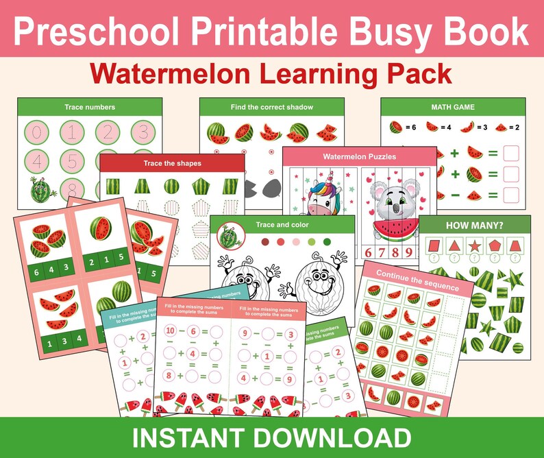 Watermelon Preschool Printable Busy Book Toddler Learning - Etsy