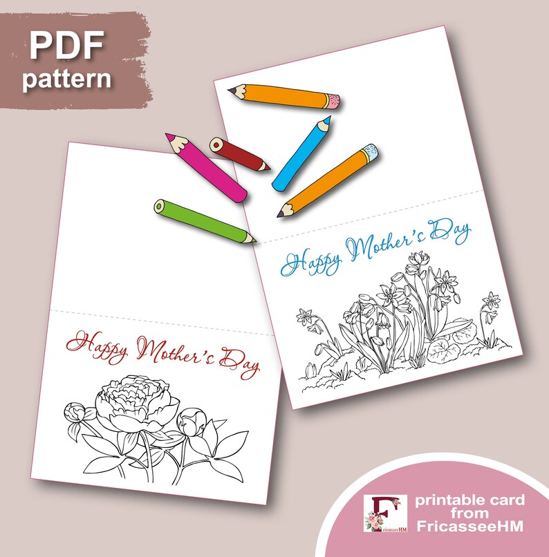 Printable Coloring DIY Floral Cards for Kids. Set of 5 Happy Mother's ...