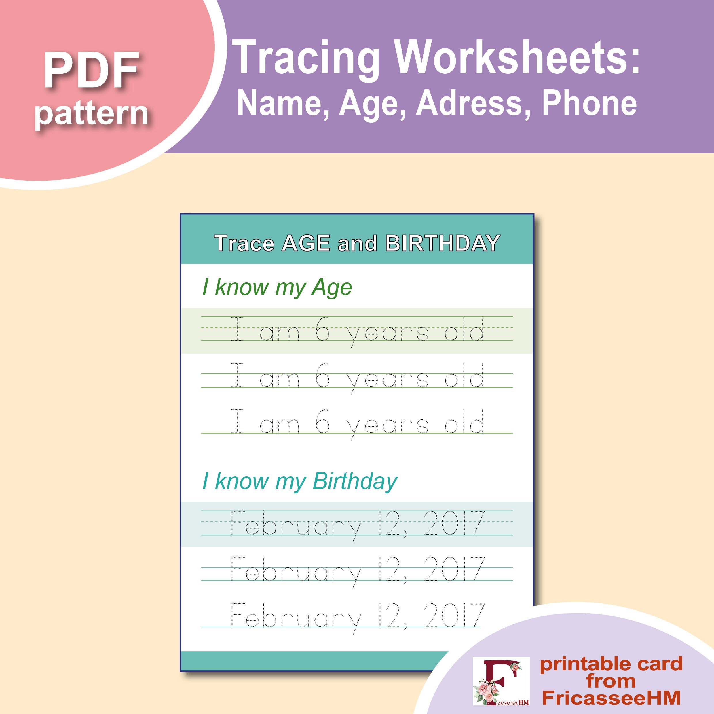 Printable Handwriting Practice Name, Age, Address, Phone Number ...