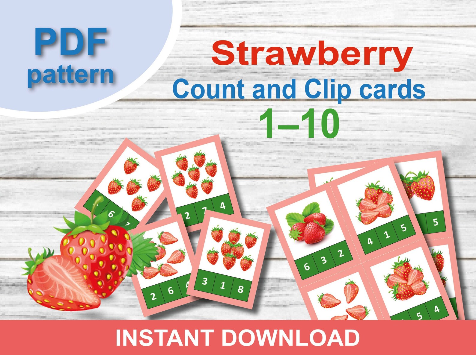 Strawberry Count and Clip Cards 1-10. Printable Preschool - Etsy