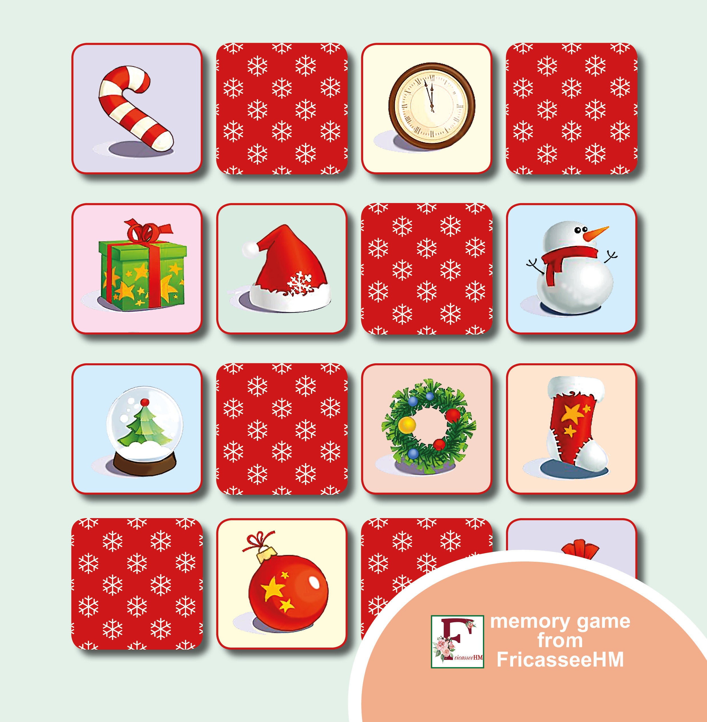 Christmas Memory Game for Preschool Children, Montessori New Year Card ...