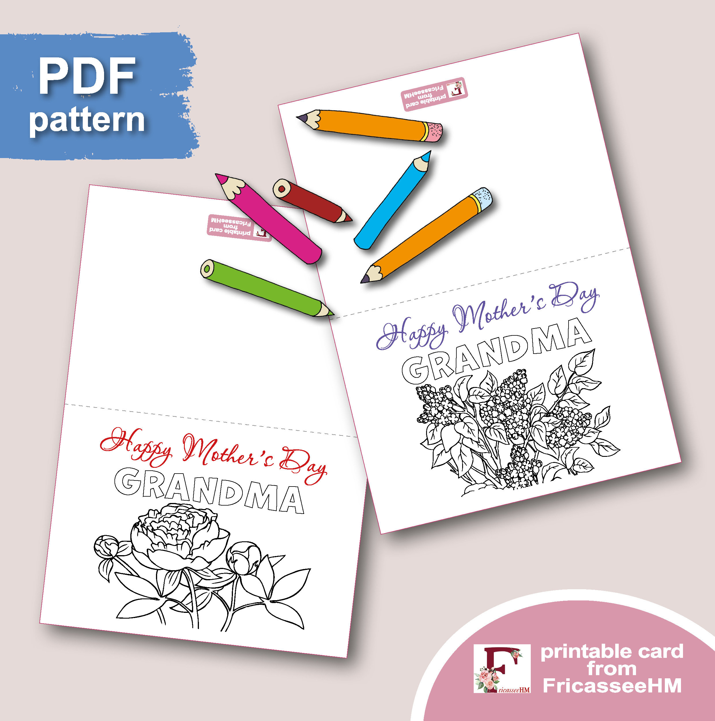 Printable Coloring Cards for Grandma. Set of 5 Happy Mother's Day Cards ...