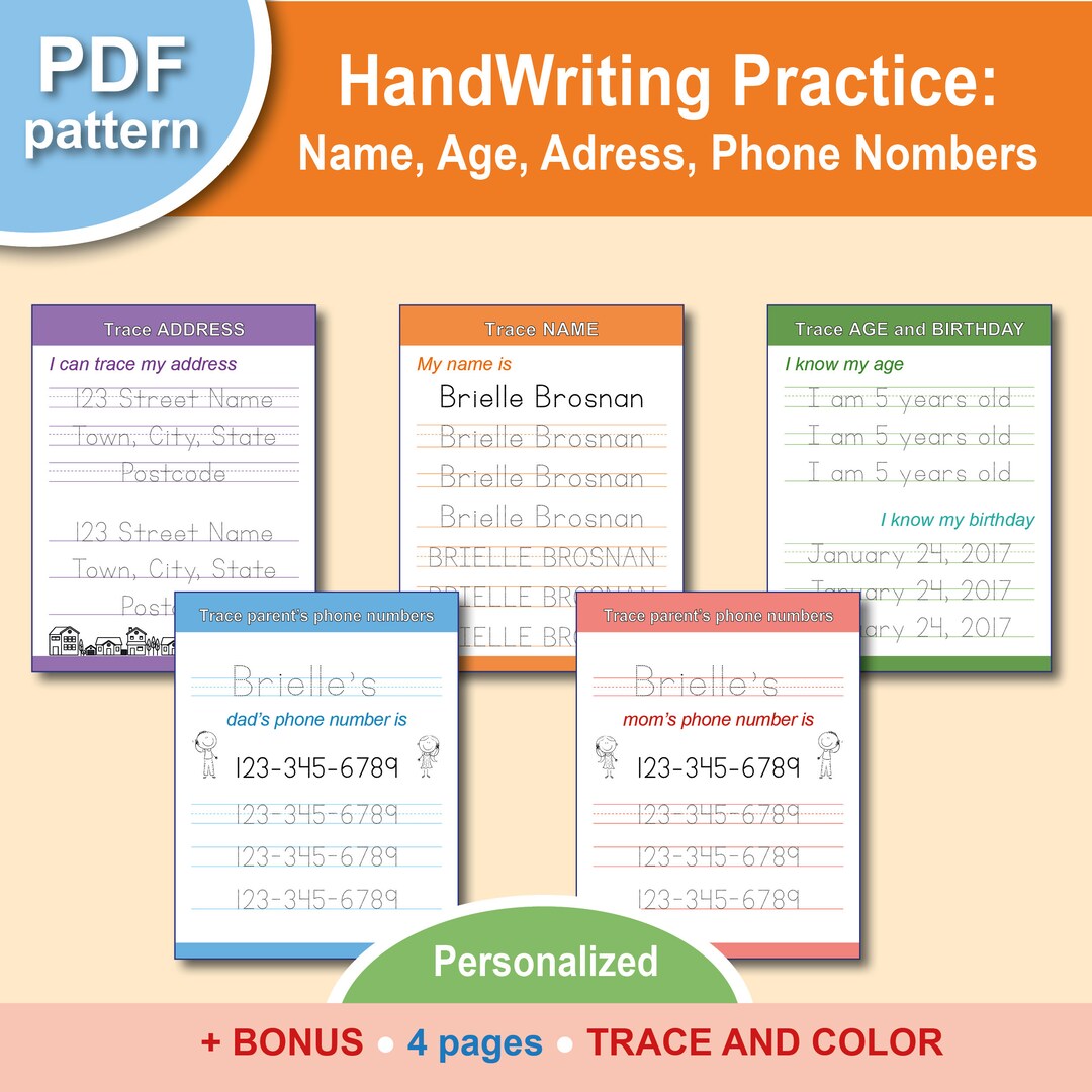 Personalized Handwriting Practice. Name, Age, Address, Phone Numbers ...