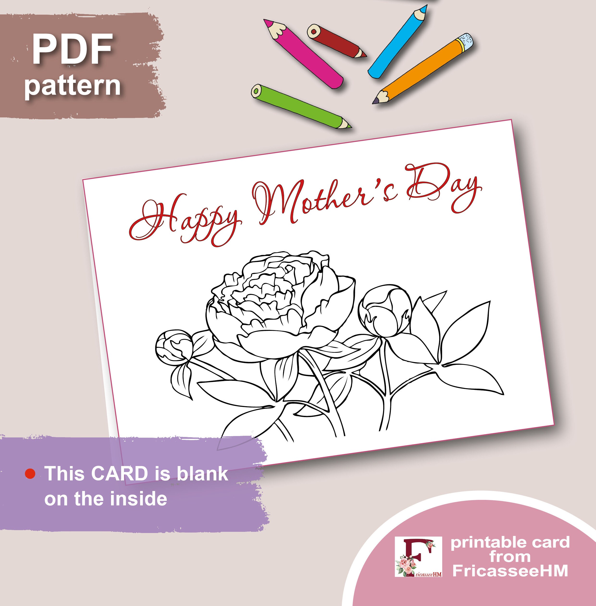 Printable Coloring DIY Floral Cards for Kids. Set of 5 Happy Mother's ...