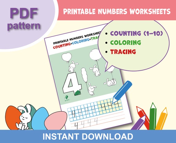 Easter Bunny Coloring Pages for Kids. Printable Tracing Number | Etsy