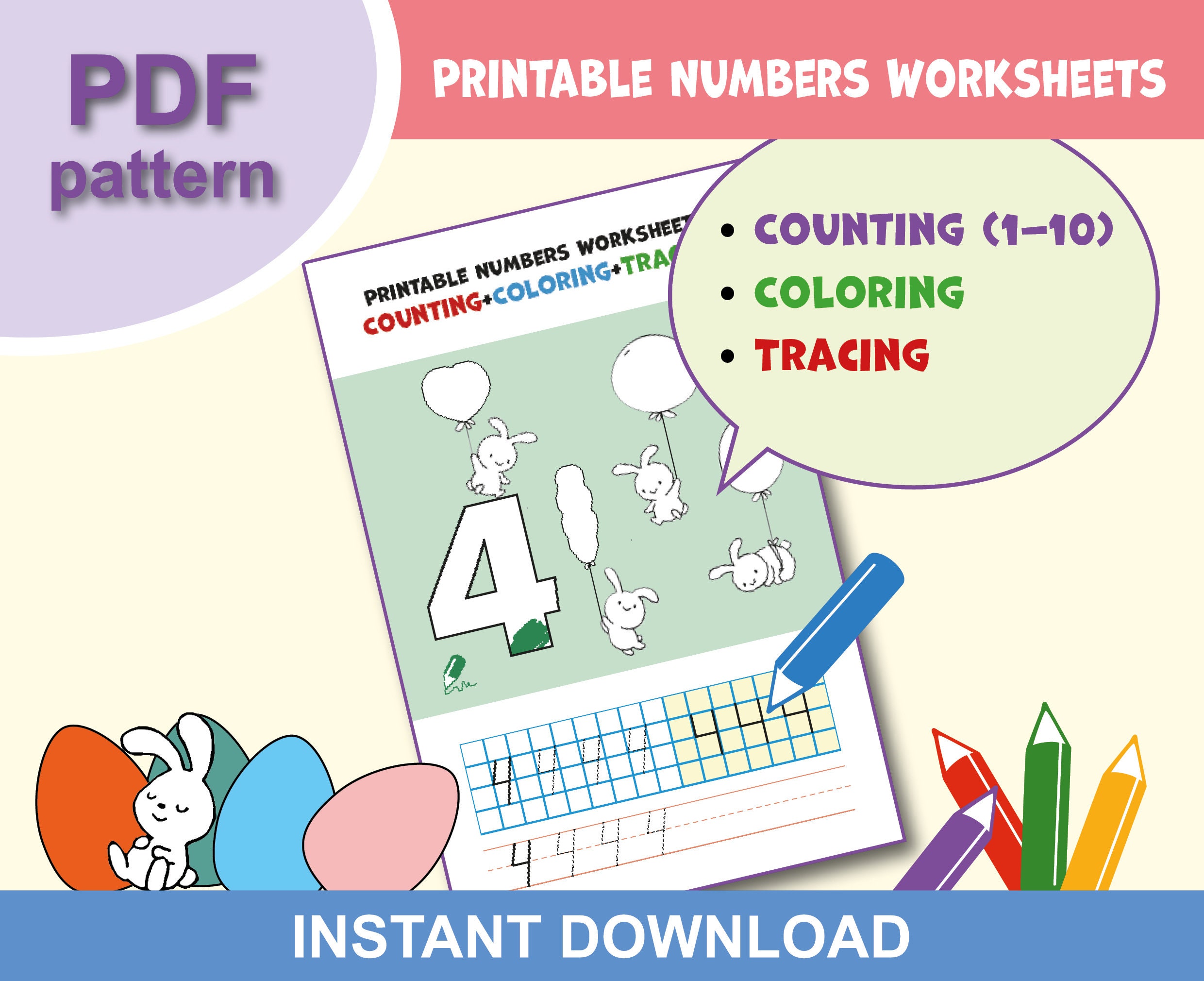 Easter Bunny Coloring Pages for Kids. Printable Tracing Number ...