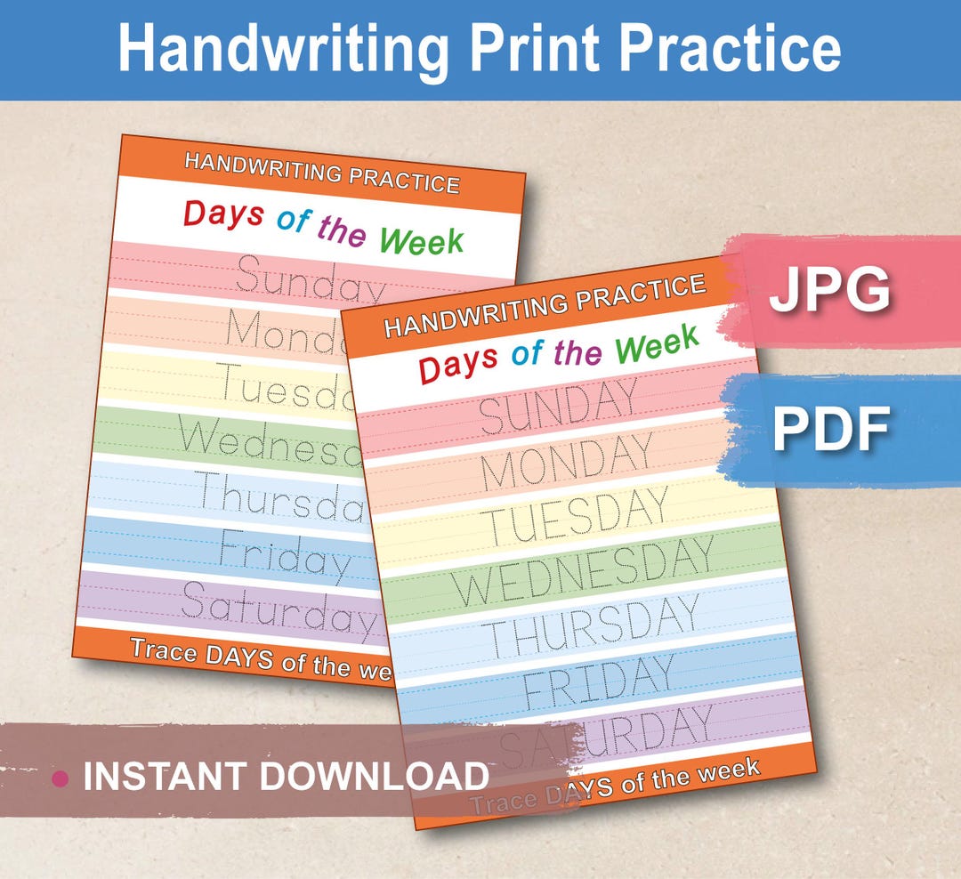 Days of the Week. Handwriting Practice. Tracing Worksheet. Educational ...