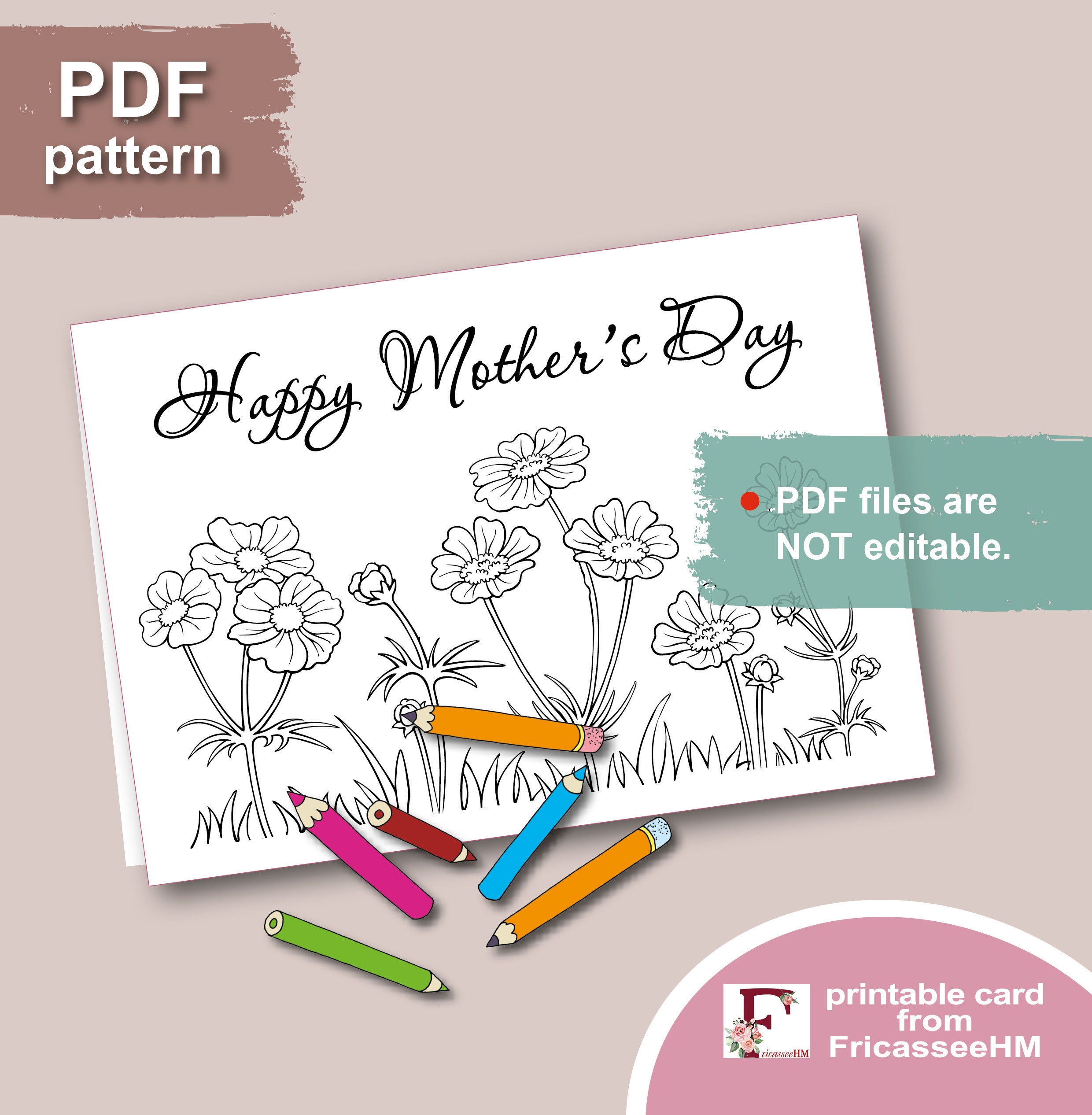 Printable Coloring DIY Floral Cards for Kids. Set of 5 Happy Mother's ...