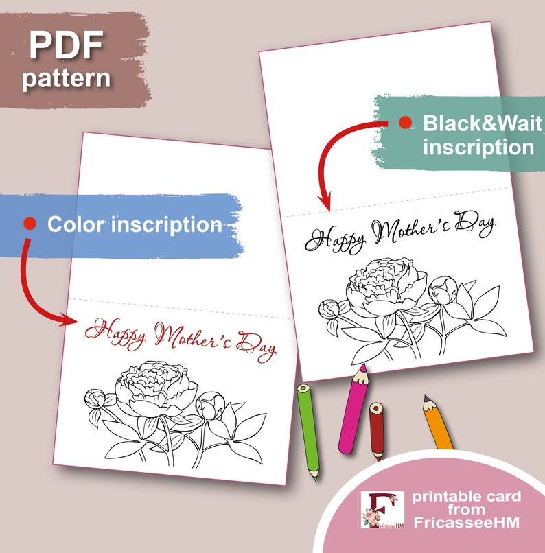Printable Coloring DIY Floral Cards for Kids. Set of 5 Happy Mother's ...