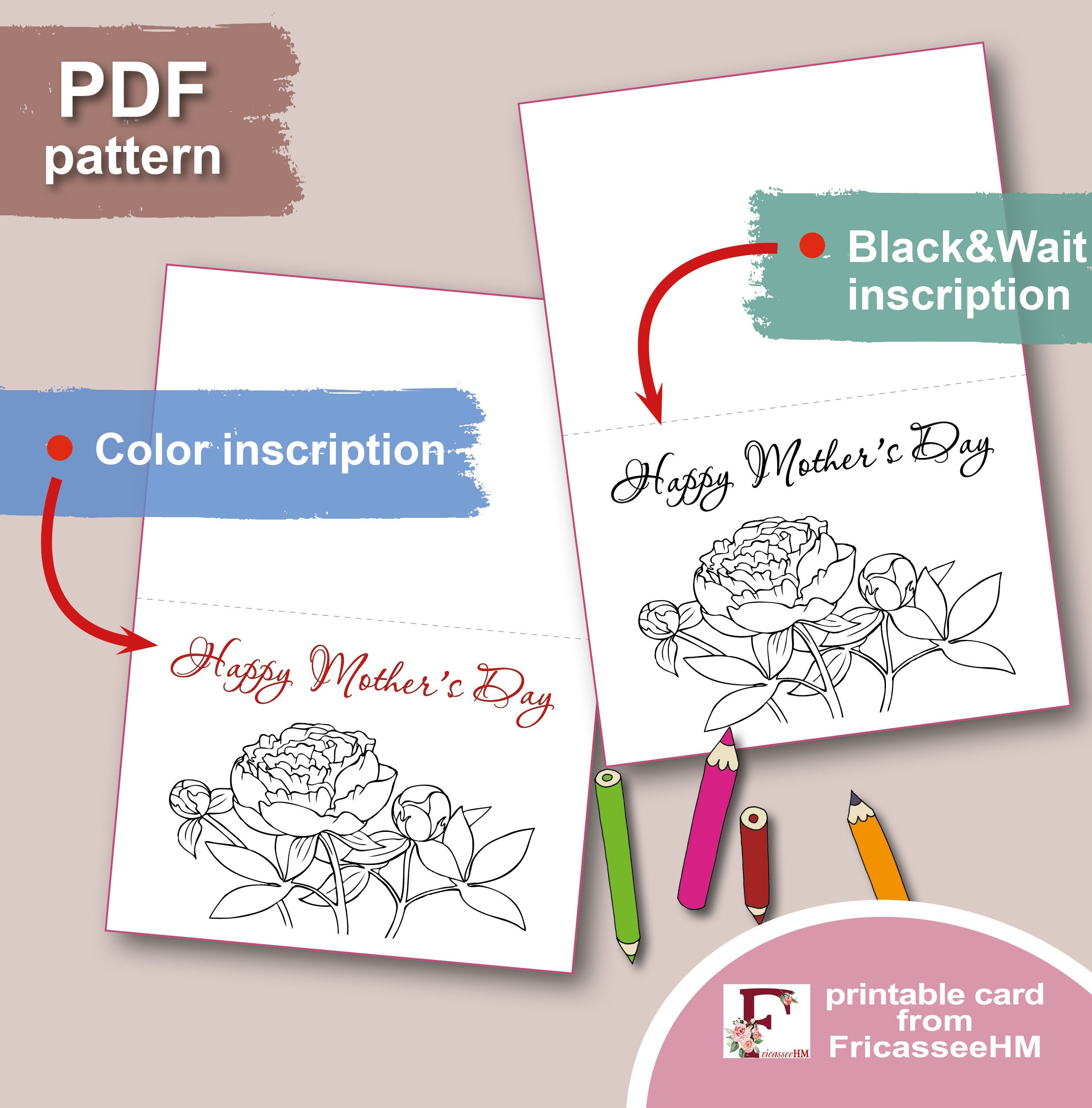 Printable Coloring DIY Floral Cards for Kids. Set of 5 Happy Mother's ...