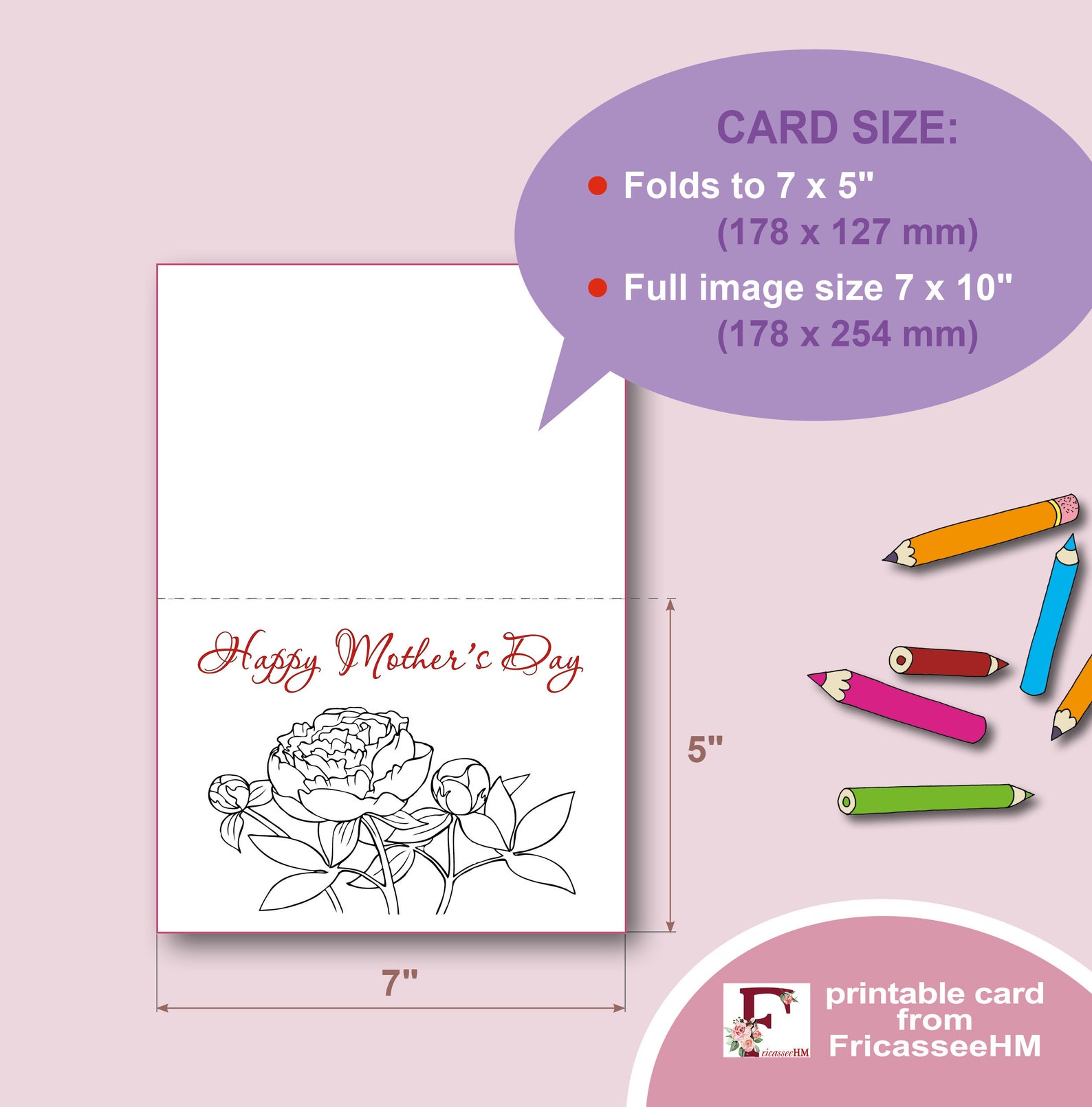 Printable Coloring DIY Floral Cards for Kids. Set of 5 Happy Mother's ...