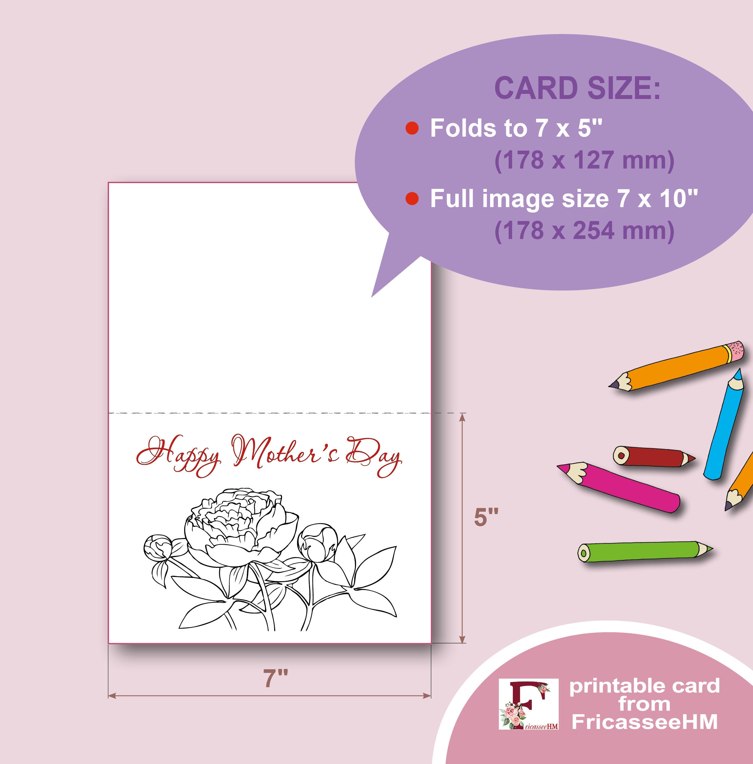 Printable Coloring DIY Floral Cards for Kids. Set of 5 Happy Mother's ...