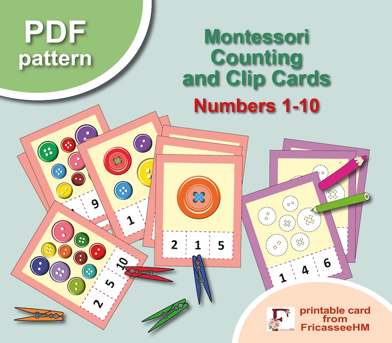 Montessori Buttons Clip Cards for Toddler, Numbers 1-10, Preschool ...