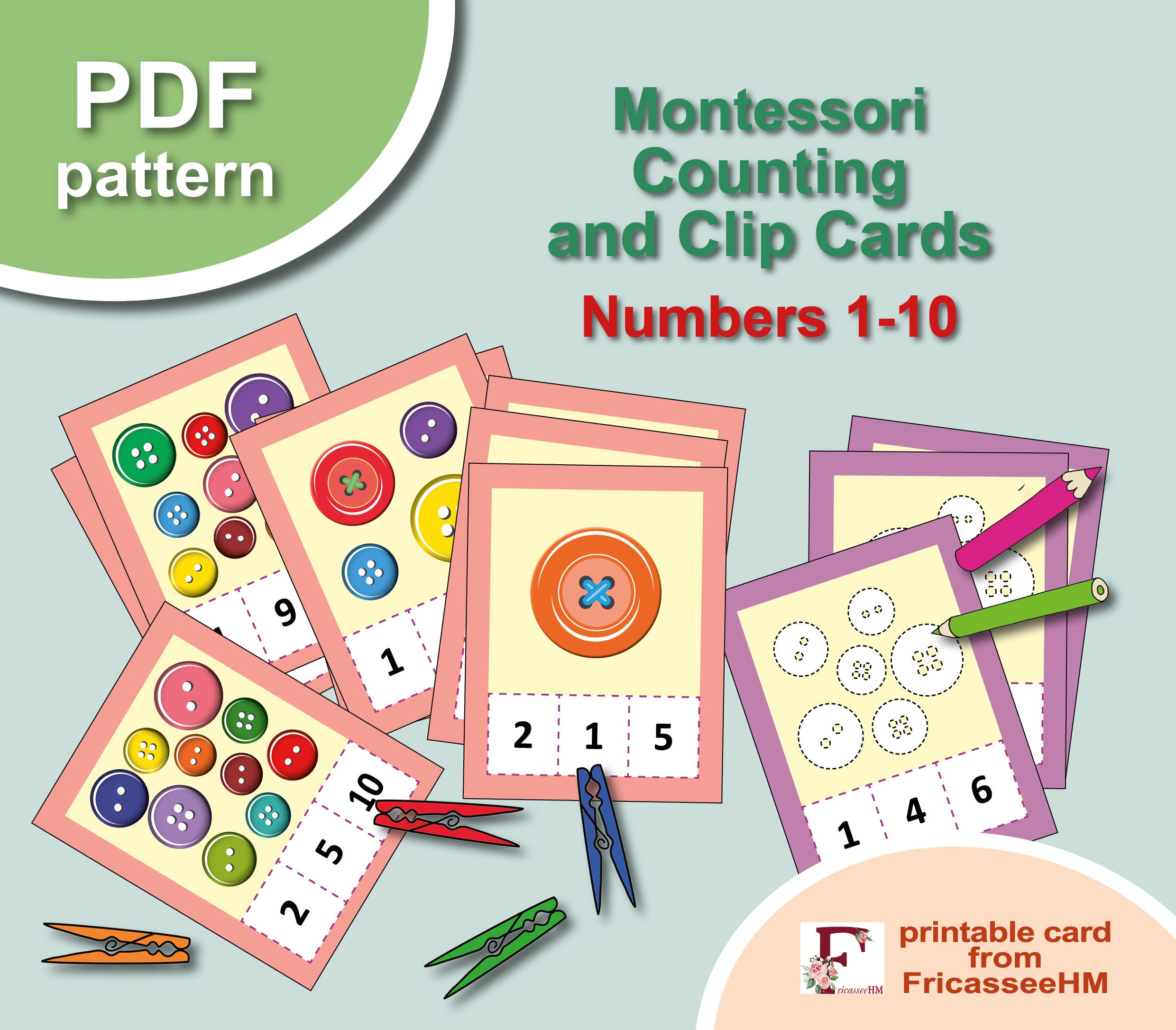 Montessori Buttons Clip Cards for Toddler, Numbers 1-10, Preschool ...