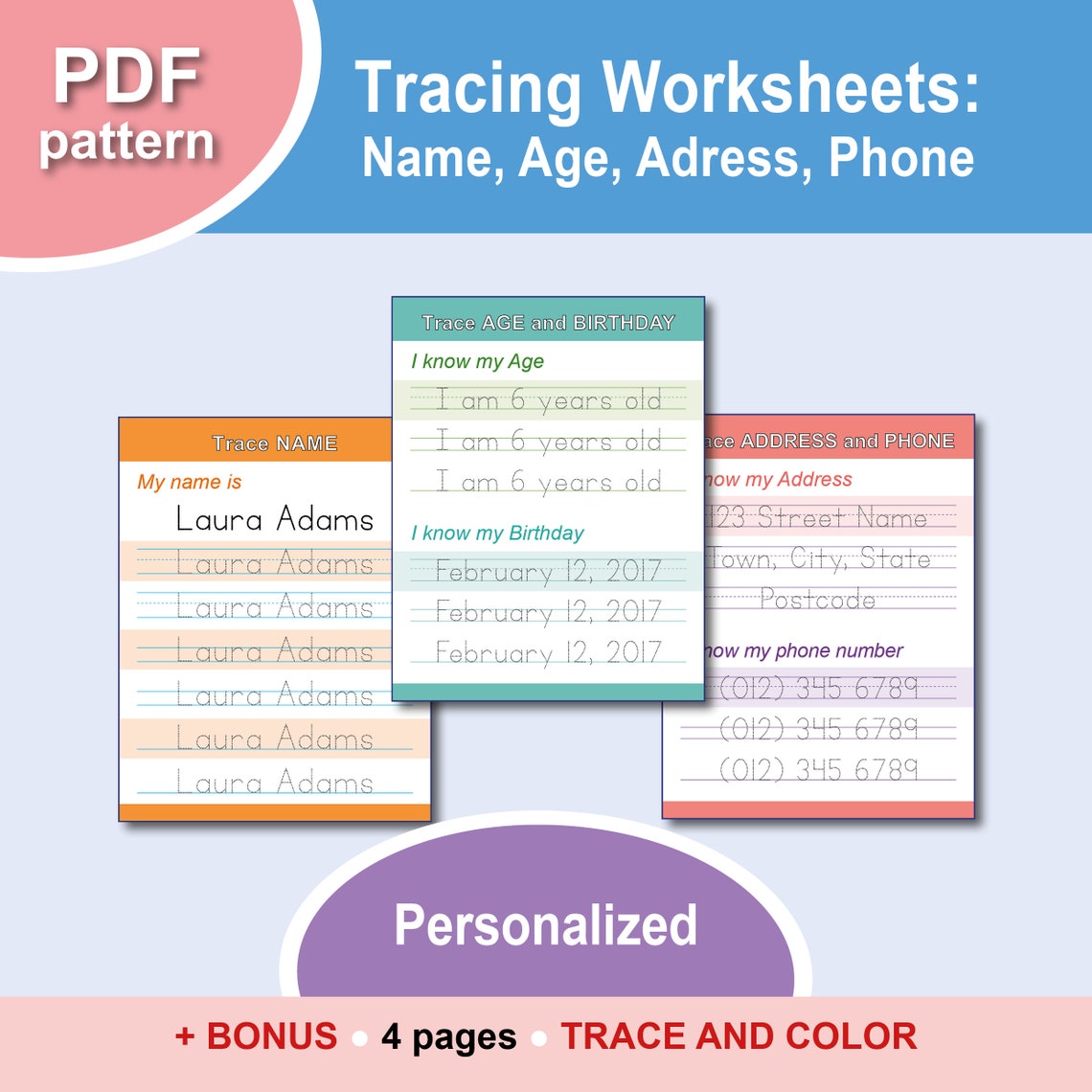 Printable Handwriting Practice Name, Age, Address, Phone Number ...