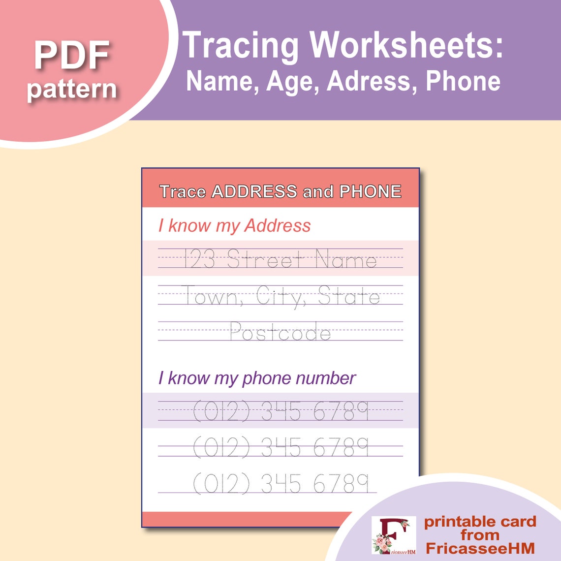 Printable Handwriting Practice Name, Age, Address, Phone Number ...