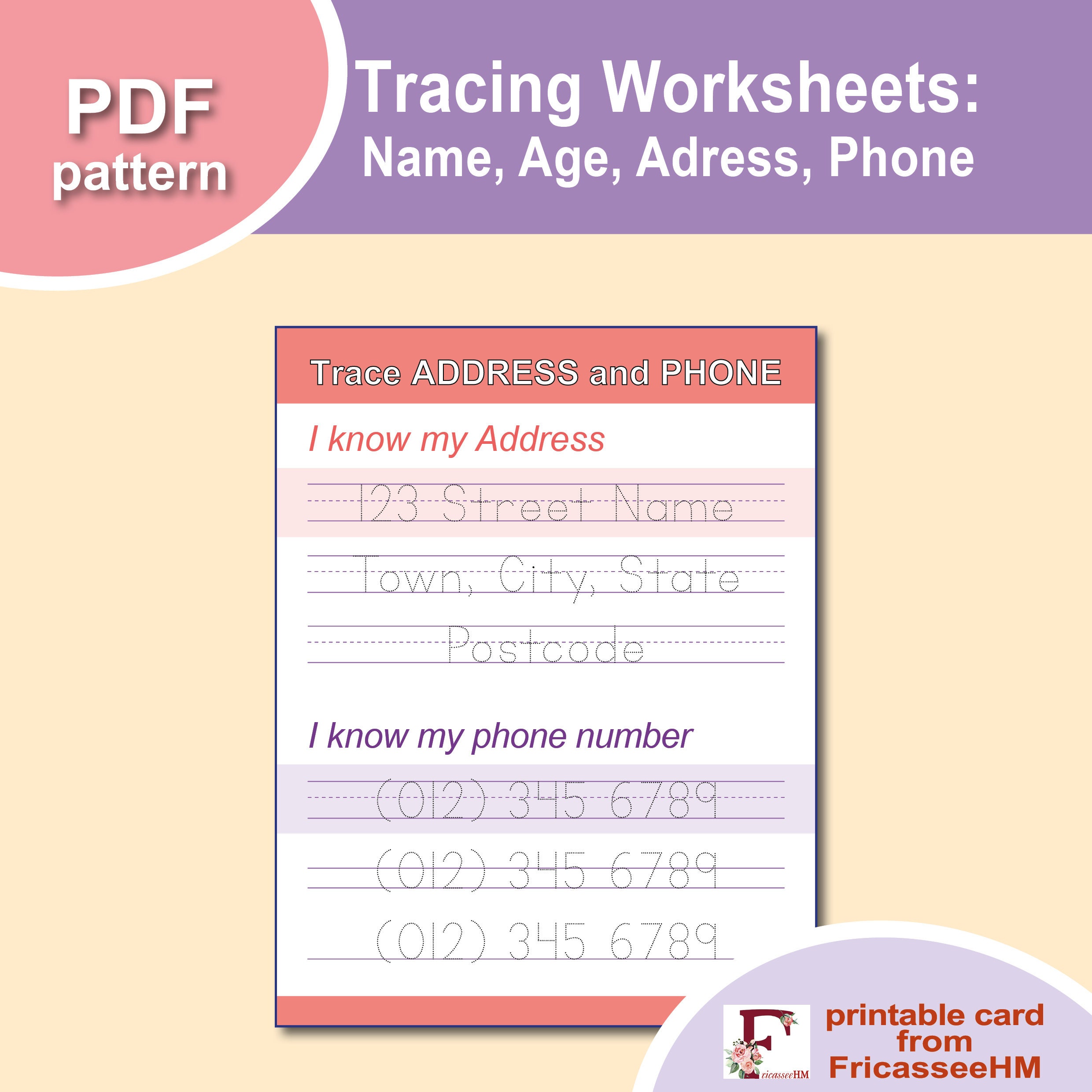 Printable Handwriting Practice Name, Age, Address, Phone Number ...