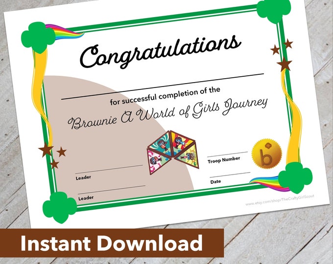 Girl Scout Brownie A World of Girls Journey Certificate - Downloadable ...