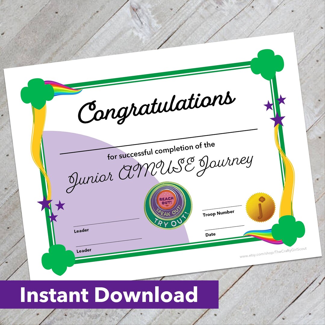 Girl Scout Junior AMUSE Journey Certificate - Downloadable Design - Etsy