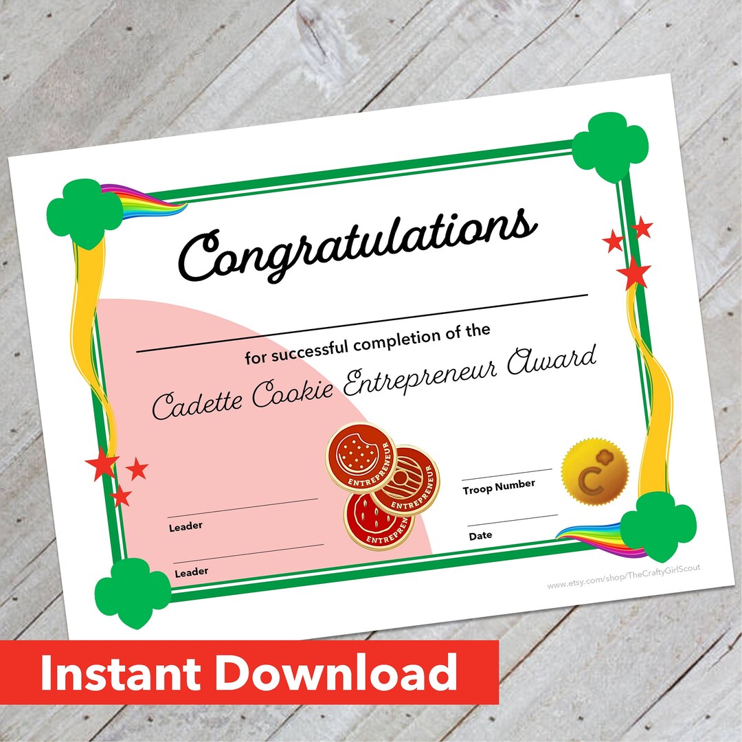 Girl Scout Cadette Cookie Entrepreneur Award Certificate - Downloadable ...