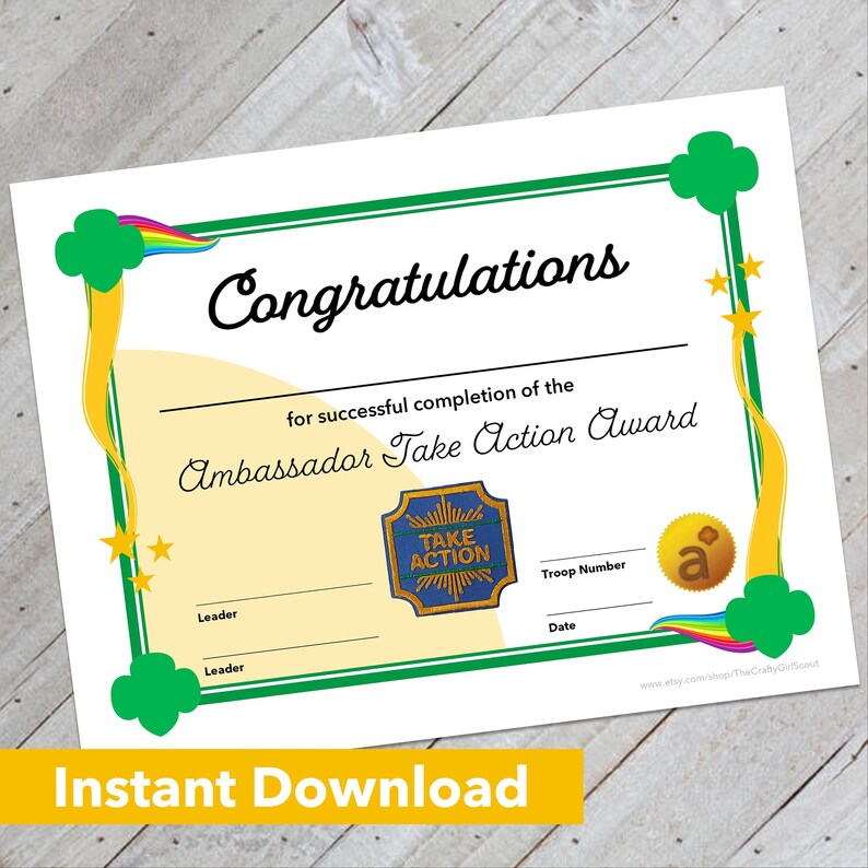 Girl Scout Ambassador Take Action Award Certificate - Downloadable ...