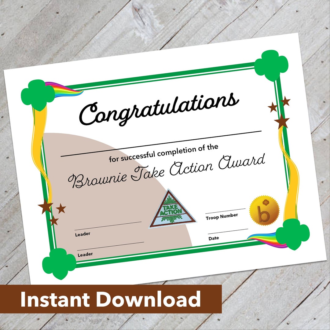 Girl Scout Brownie Take Action Award Certificate - Downloadable Design ...