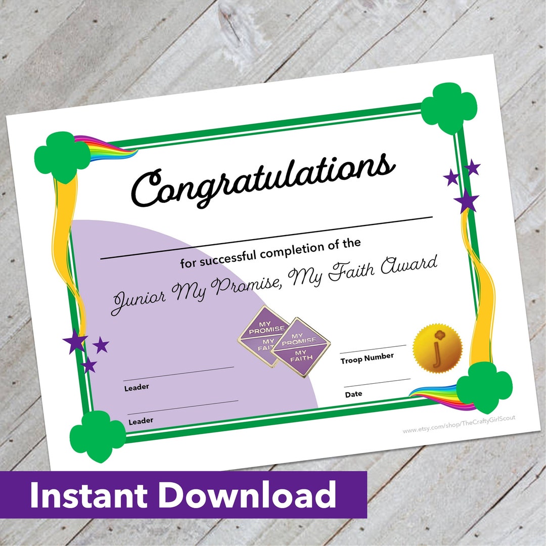 Girl Scout Junior My Promise, My Faith Award Certificate - Downloadable ...