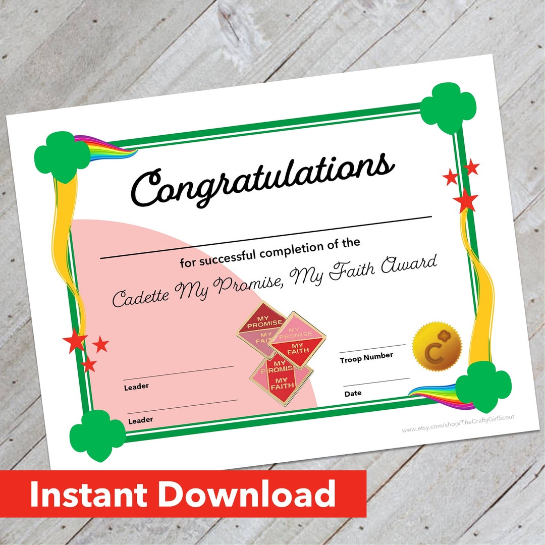 Girl Scout Cadette My Promise, My Faith Award Certificate ...