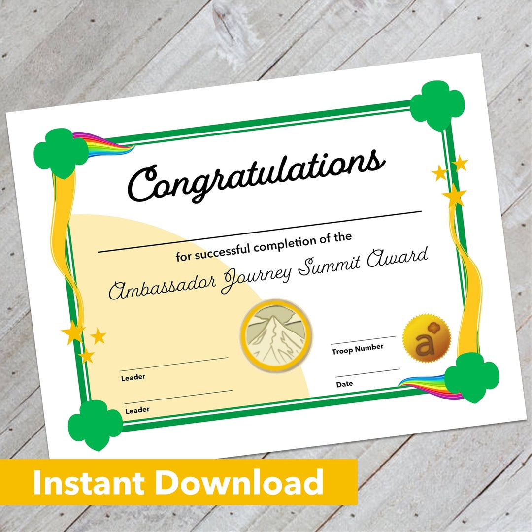 Girl Scout Ambassador Journey Summit Award Certificate - Downloadable ...