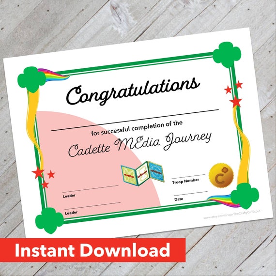 Girl Scout Cadette Media Journey Certificate Downloadable - Etsy